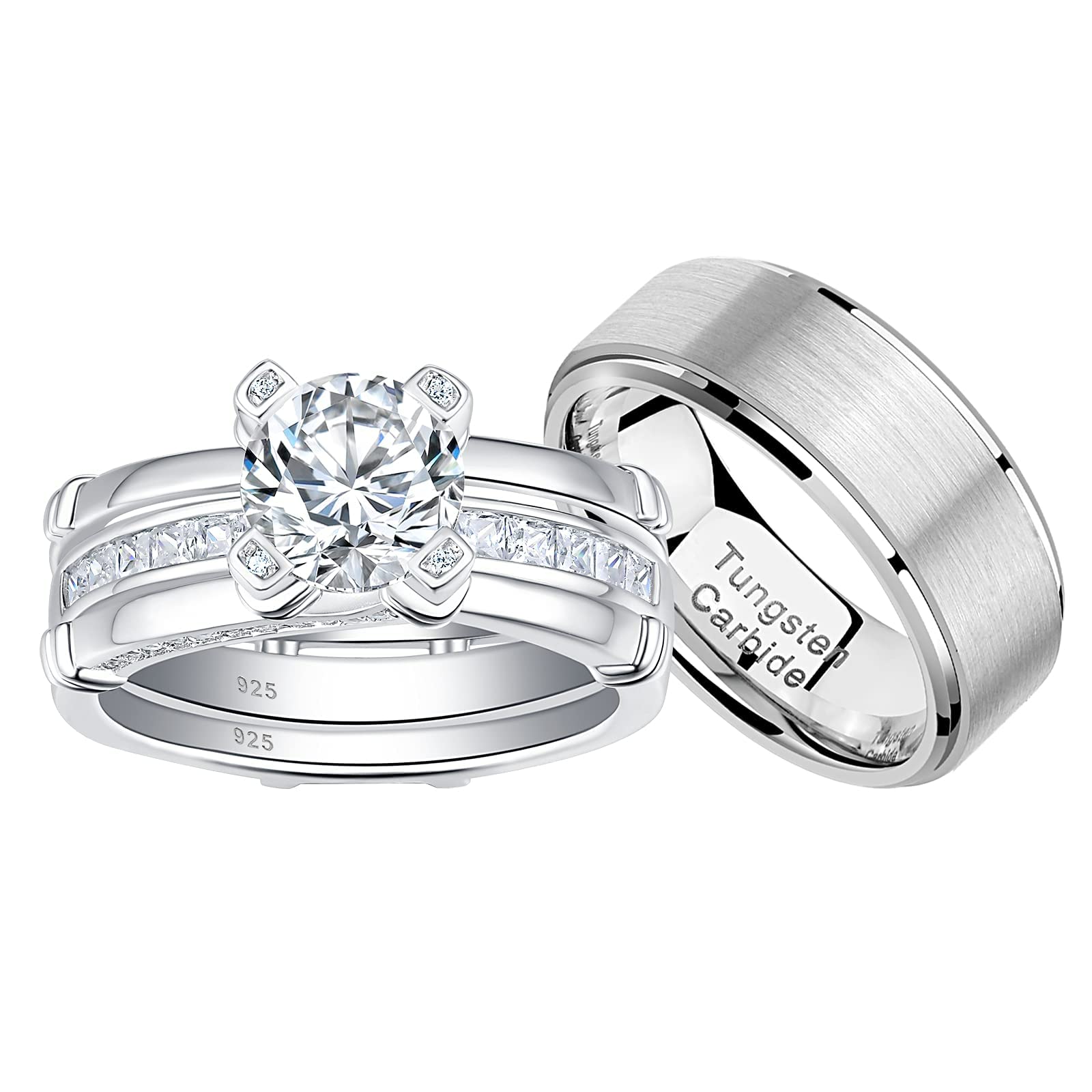 Blongme Wedding Ring Sets for him and her Women Sterling Silver CZ His Men Titanium Wedding Band Couples 925 Sterling Silver Size 5&8