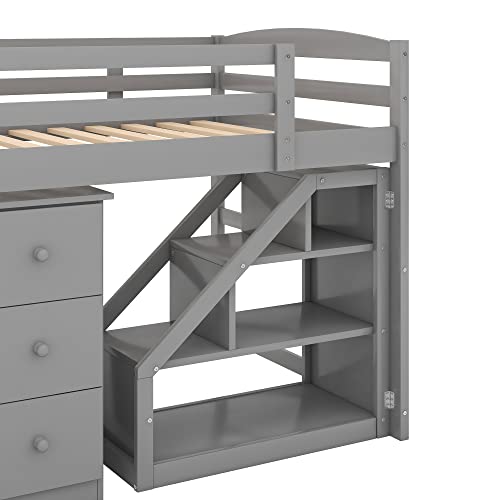 ERDAYE Twin Size Wooden Loft Bed Frame with Multifunctional Movable Built-in Desk, 5 Drawers and Staircase Bring Storage Shelf for Bedroom Guest Room Furniture, Gray