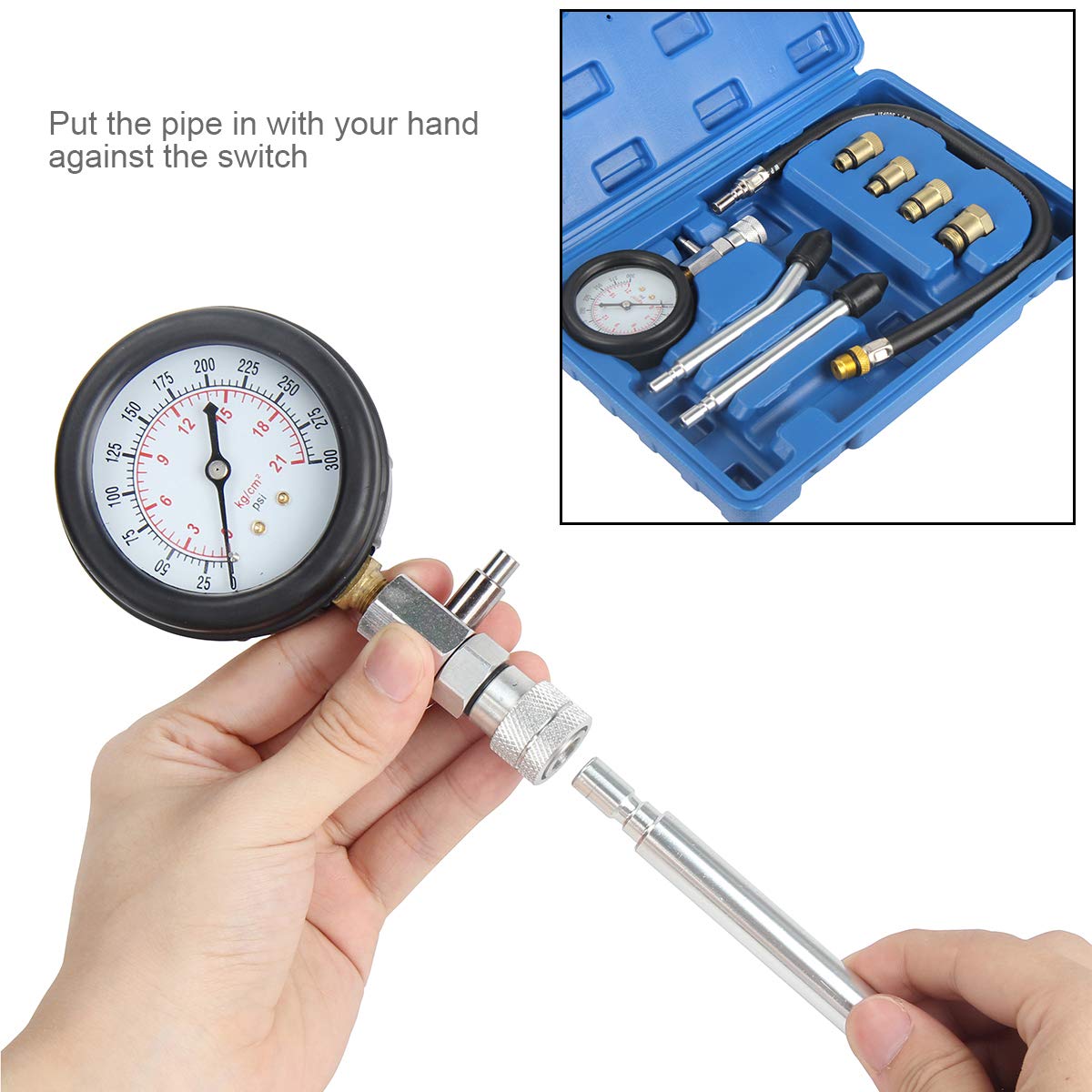 AutoRocking Petrol Cylinder Compression Tester Kit Gas Engine Leakage Diagnostic Tools 0-300 PSI Dual Scale Pressure Gauge Extension Hose Spark Plug Adapters for Car Motorcycle Lawn Mower