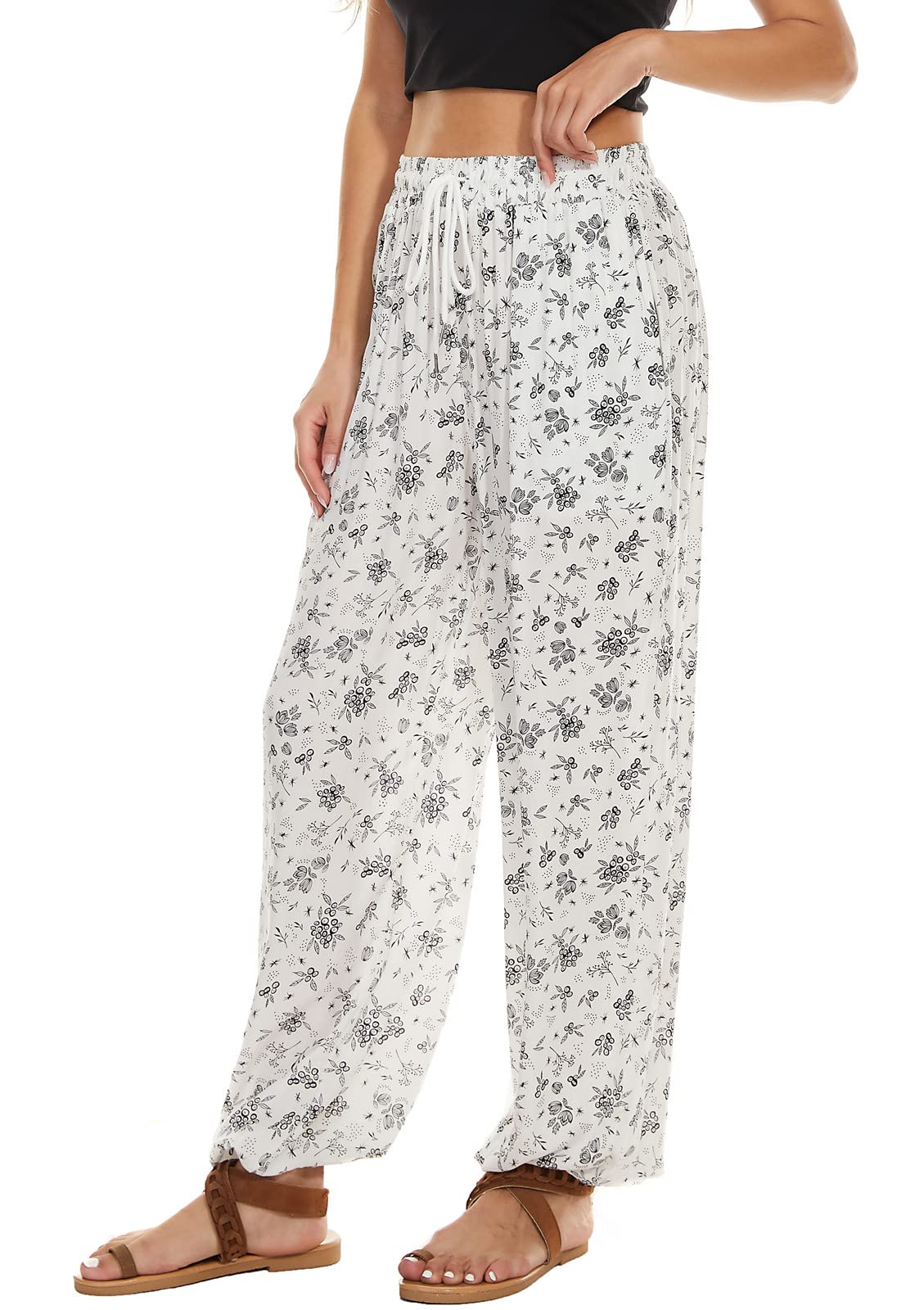 BATHRINS Womens Casual Harem Pants Baggy Boho Pants Summer Floral Beach Pants with Pockets