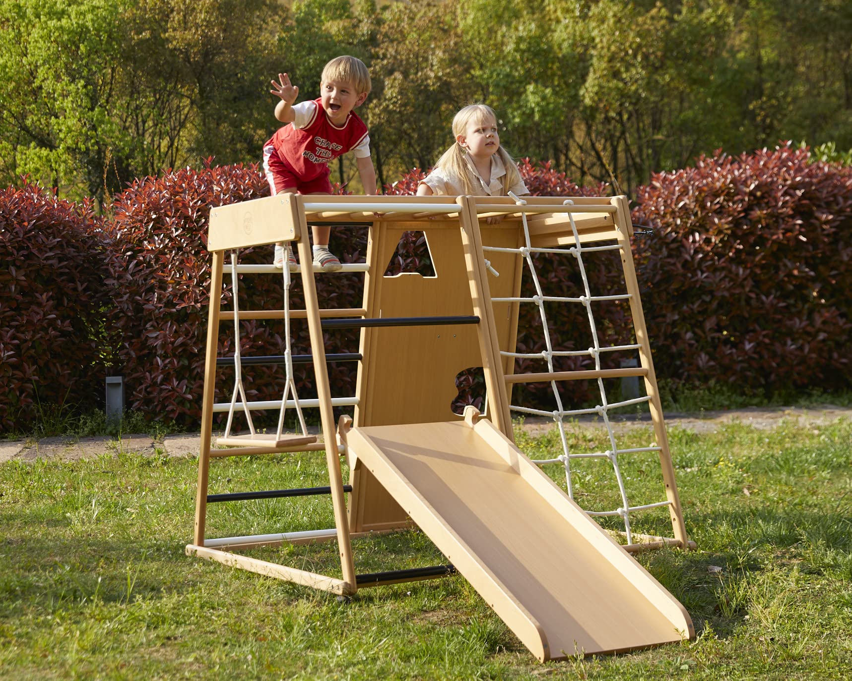 Hopscotch Squad Activity Indoor Kids Playground Jungle Climbing Gym, Toddlers Wooden 9-in-1 Play Set Climber
