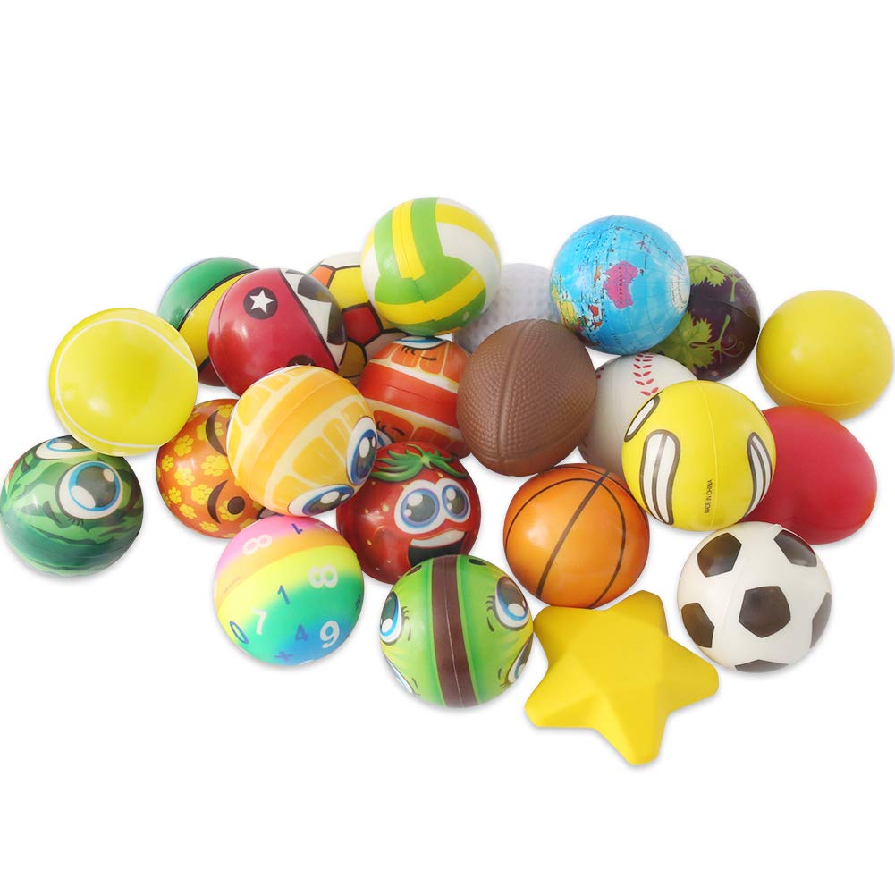 LovesTown 24 PCS Stress Balls Bulk, Sport Stress Balls for Adults Kids Foam Squeeze Balls Stress Relief Assorted Designs Treasure Box Toys for Party Classroom Students Prize