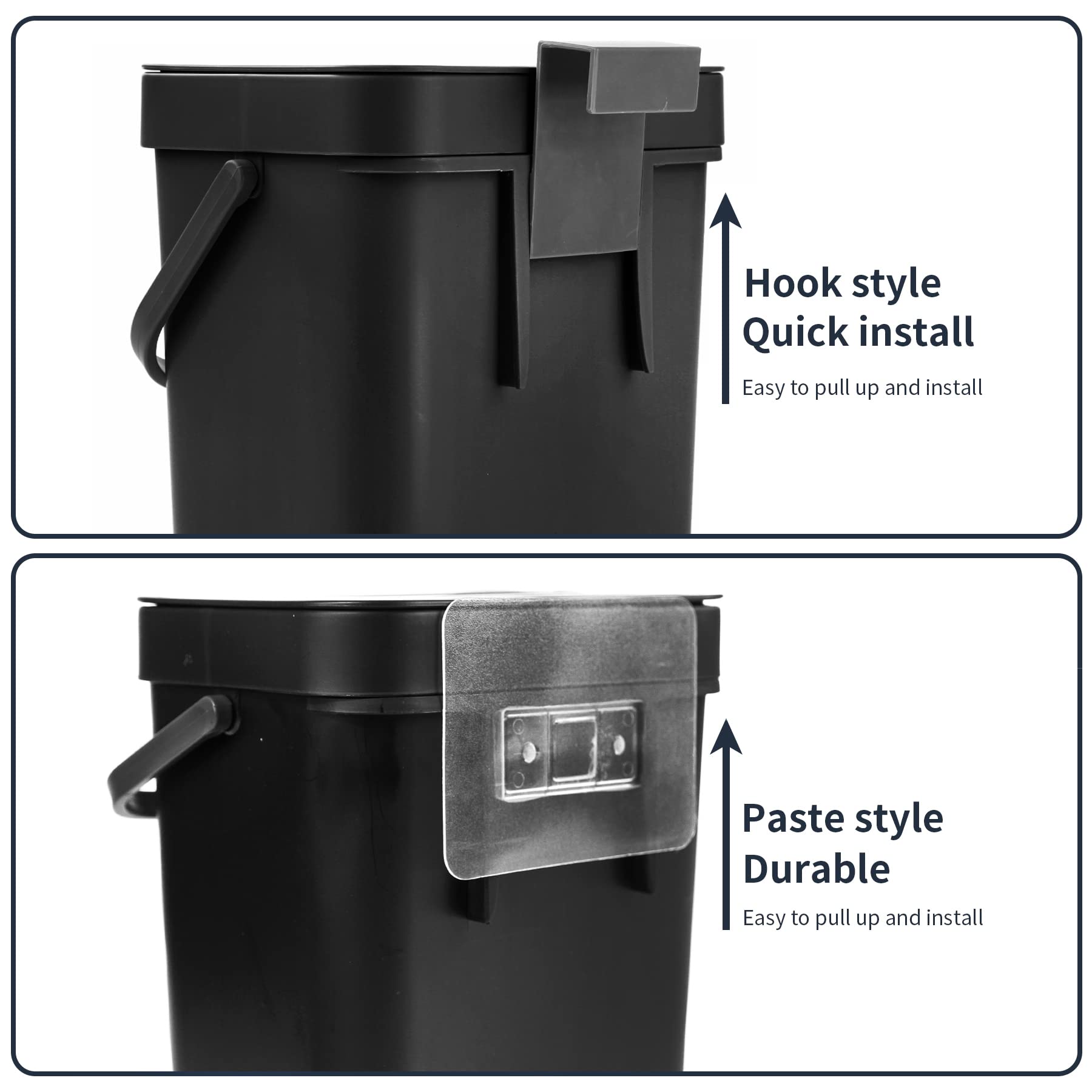 Domiella 2 Pack 1.3 + 0.8Gal Hanging Small Trash Can with Lid, Kitchen Compost Bin for Counter Top Under Sink, Sealed Food Waste Bin, Mountable Indoor Compost Bucket for Cupboard/Bathroom (Black)