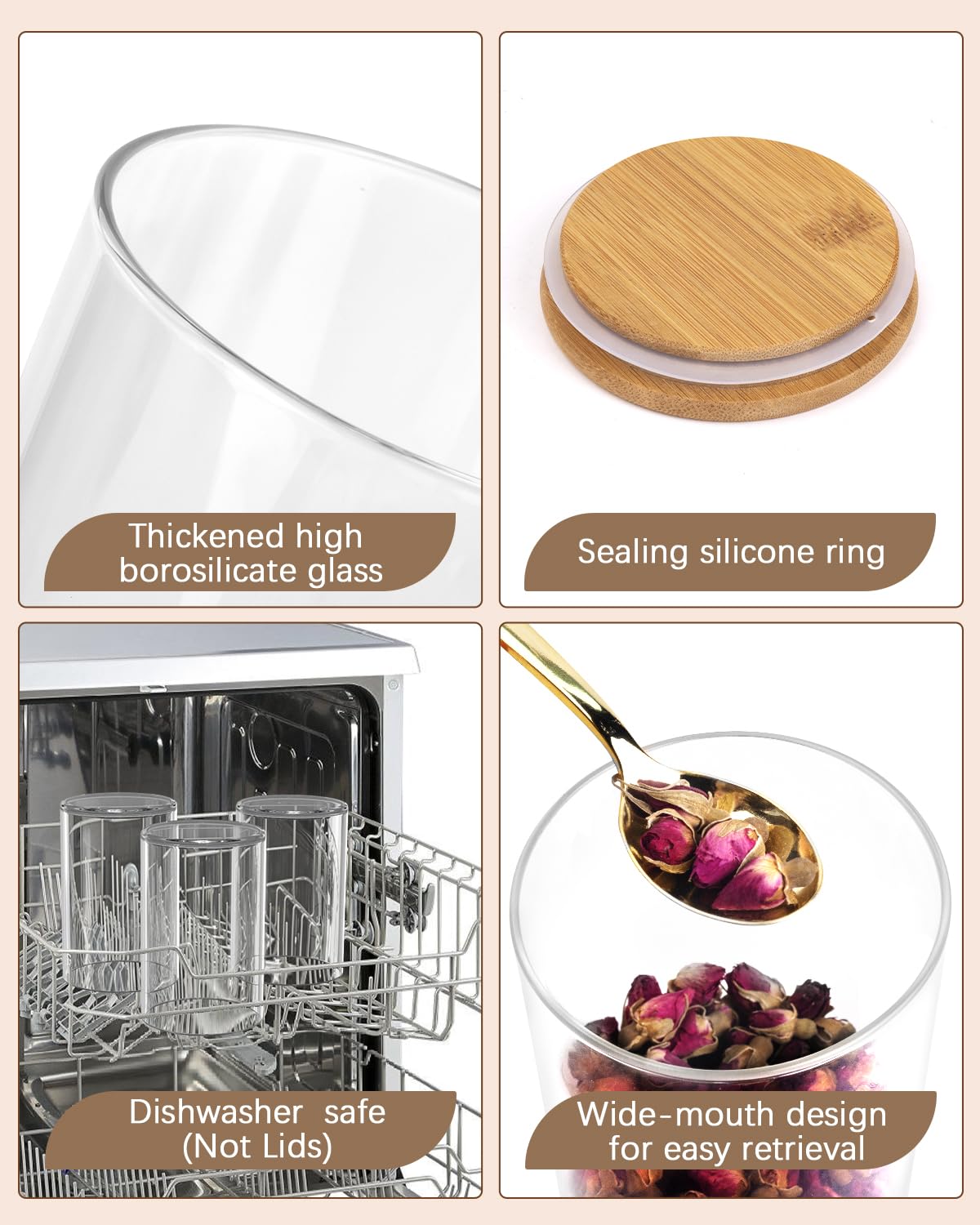 Dynta Glass Jars with Bamboo Lids, 37oz 4 Pack Food Storage Canisters for Kitchen Pantry Organization, Clear Wide Mouth for Easy Access to Flour, Rice, Oats, Snacks