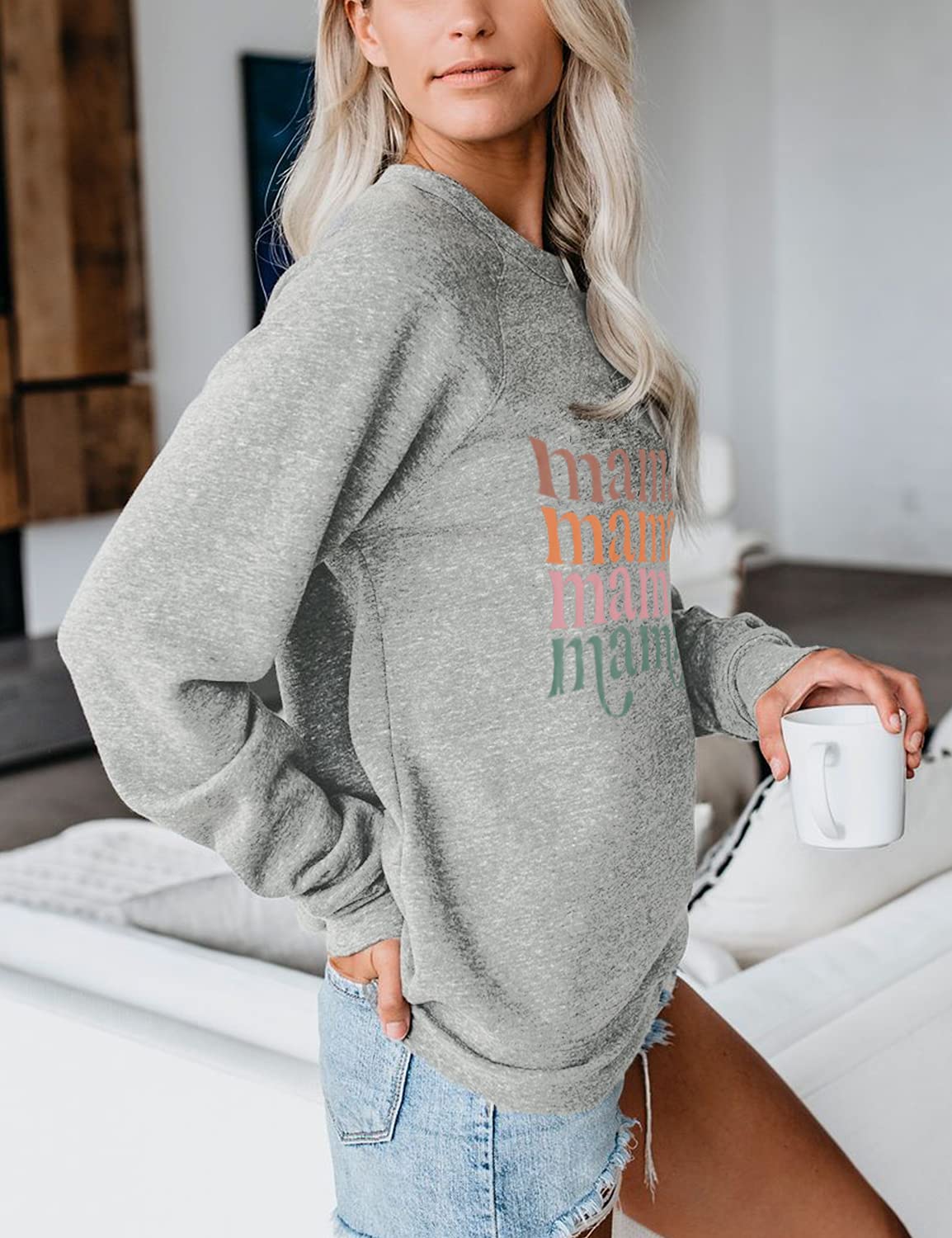Blooming Jelly Women's Fall Oversized Mama Sweatshirt Crewneck Long Sleeve Tops Casual Letter Print Cute Shirts Pullover Top（Large,Grey