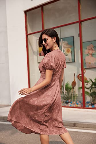 GRACE KARIN Women's Summer Puff Sleeve Flowy Dress 2023 V Neck Smocked Boho Floral A Line Tiered Midi Dresses Orange Pink