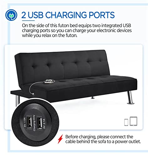 Convertible Folding Futon Sofa Bed,Modern Fabric Sleeper Couch Bed with 2 USB Ports,Recliner Sofa with Chrome Legs for Living Room Dorms Apartment Office
