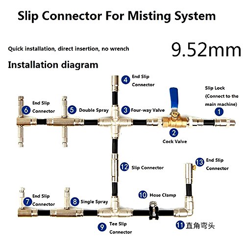 Brass Slip Connector For Misting System, YOKING YK-F1A, 3/8 inch connector, 1500Psi, 4 kinds in one package(Elbow, Tee, 1/4''male Lock, End)
