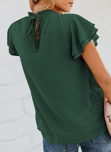 Dokotoo Women's Fashion 2023 Summer Ruffle Short Sleeve Round Neck Tops Lace Pom Pom Smocked Basic Tee Shirts Back Keyhole Self Tie Flowy Chiffon Blouses XL Green