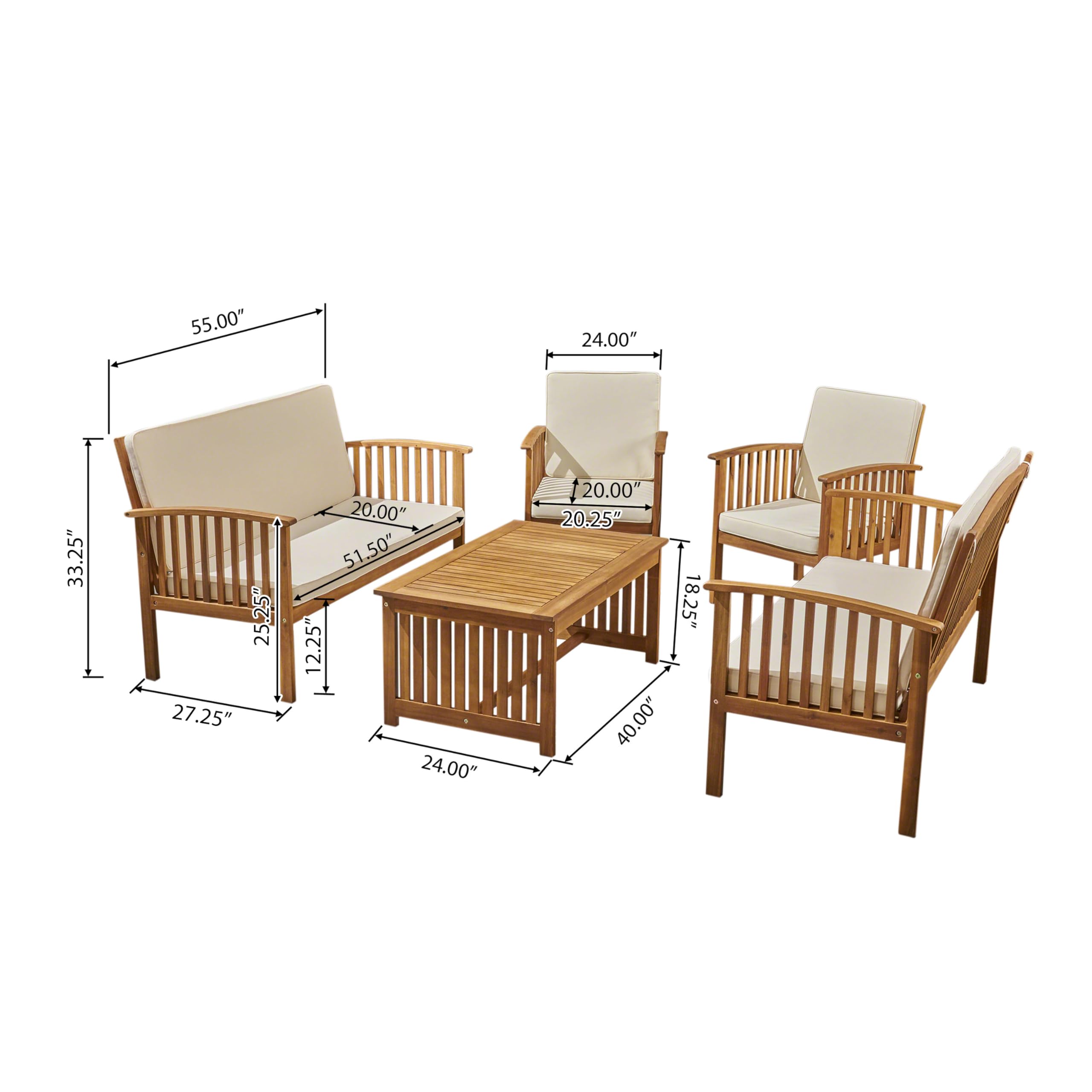 Christopher Knight Home Outdoor 5-Piece Acacia Wood Sofa Conversation Set, Brown Patina Finish and Cream