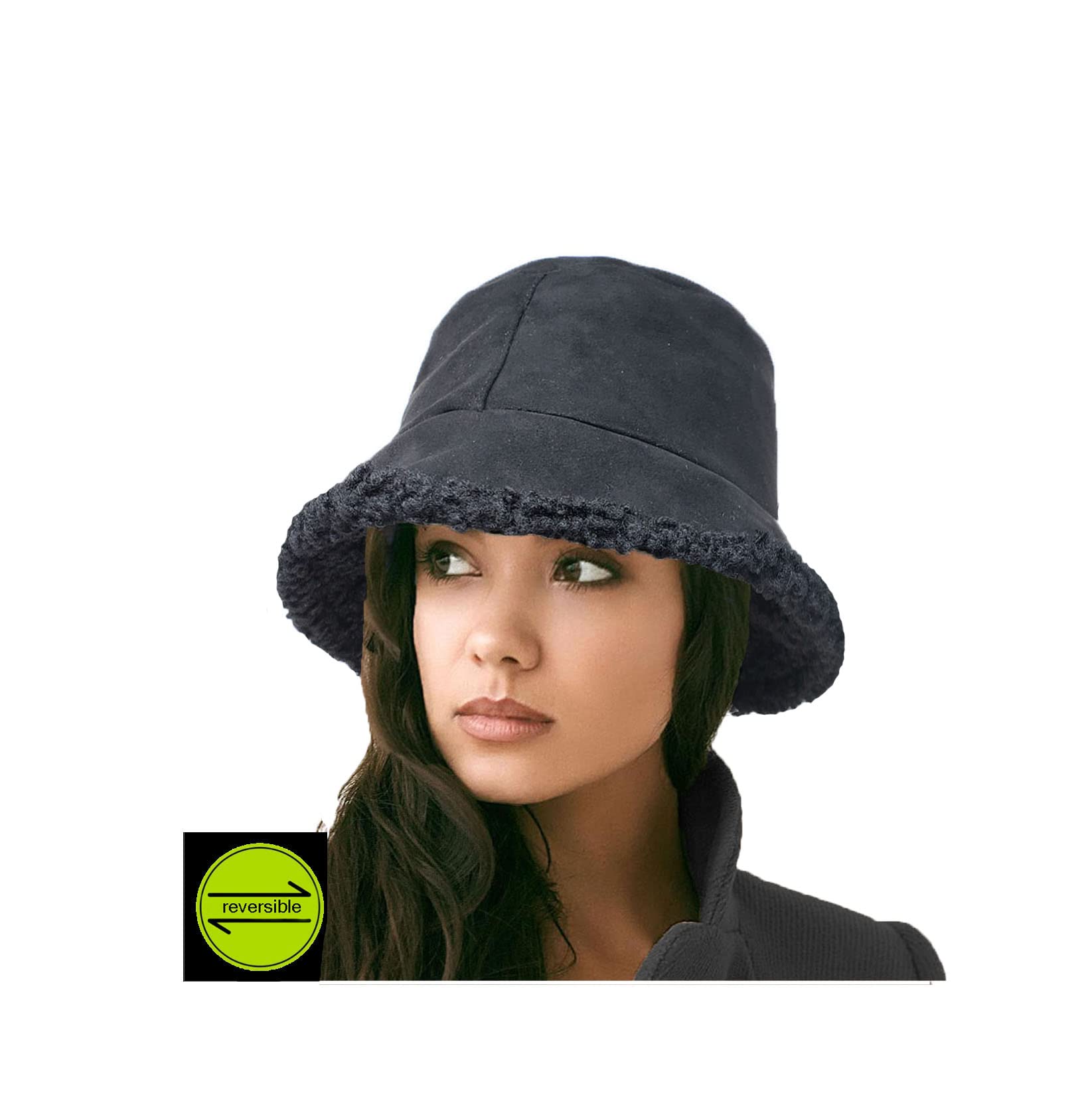 BA UNIQUE FASHION Reversible Solid Color Women Winter Faux Suede Fur Bucket Hat (Black Tone)