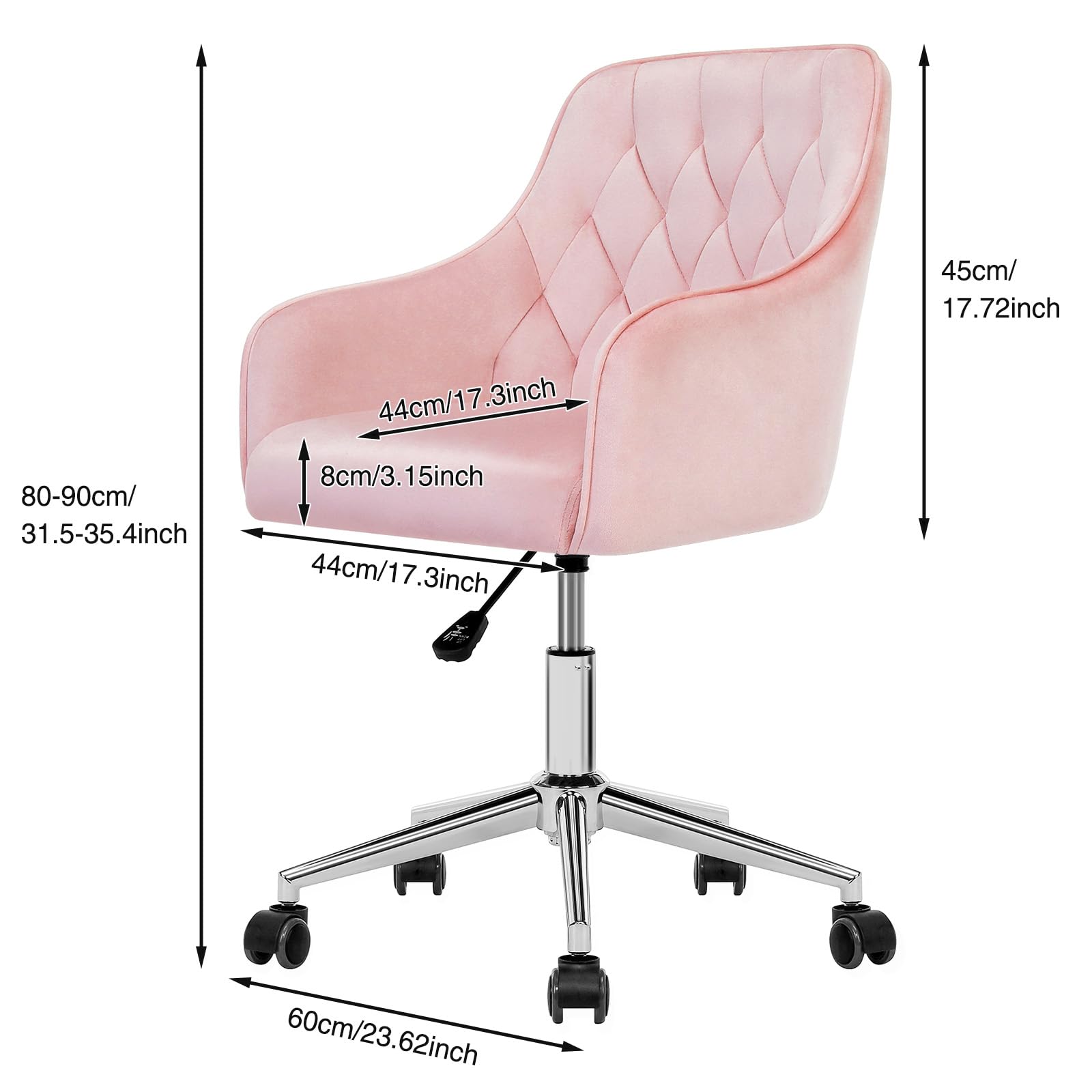 VANSPACE Velvet Desk Chair Vanity Chair for Makeup with Wheels and Back Home Office Chair Adjustable Rolling Swivel Chair for Bedroom Vanity Room Pink