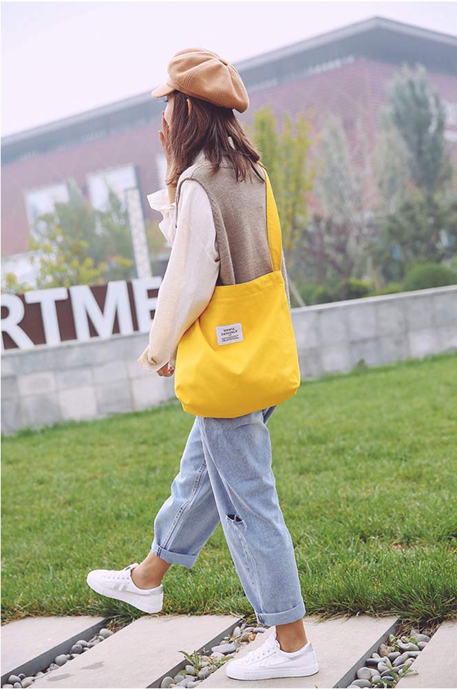 Belsmi Womens Ladies Large 16" Heavy Lightweight Cotton Polyester Shoulder Bag Shopping Retro Casual Handbags Canvas Totes Bag (Yellow)