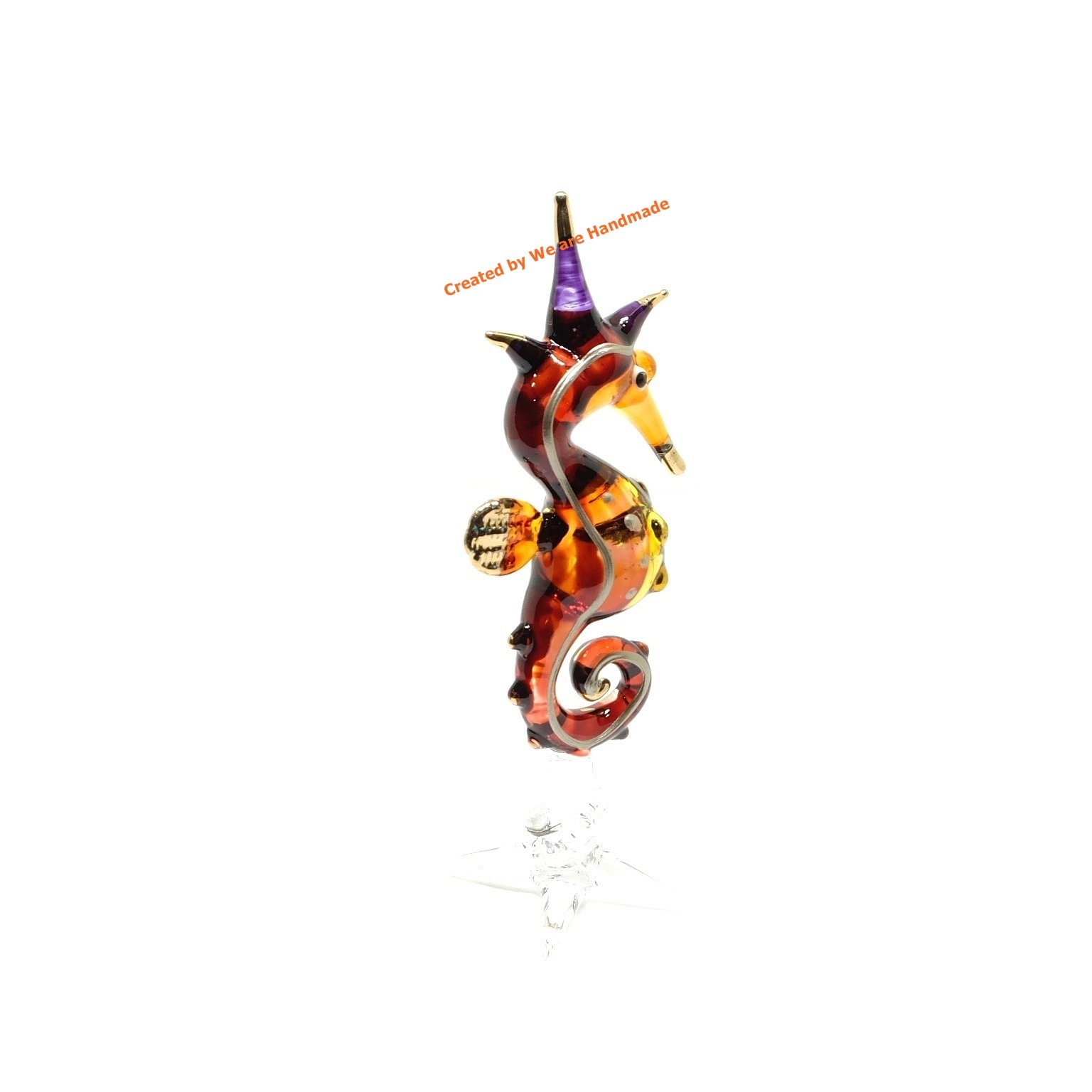 Handmade Mini 3" Blown Glass Seahorse Figurine Figure Art, Miniature Dollhouse, Gift Ideas, Collectible Ocean Animals, Tiny Ornament, Cool Stuff Decor (Brown and Orange No.2)