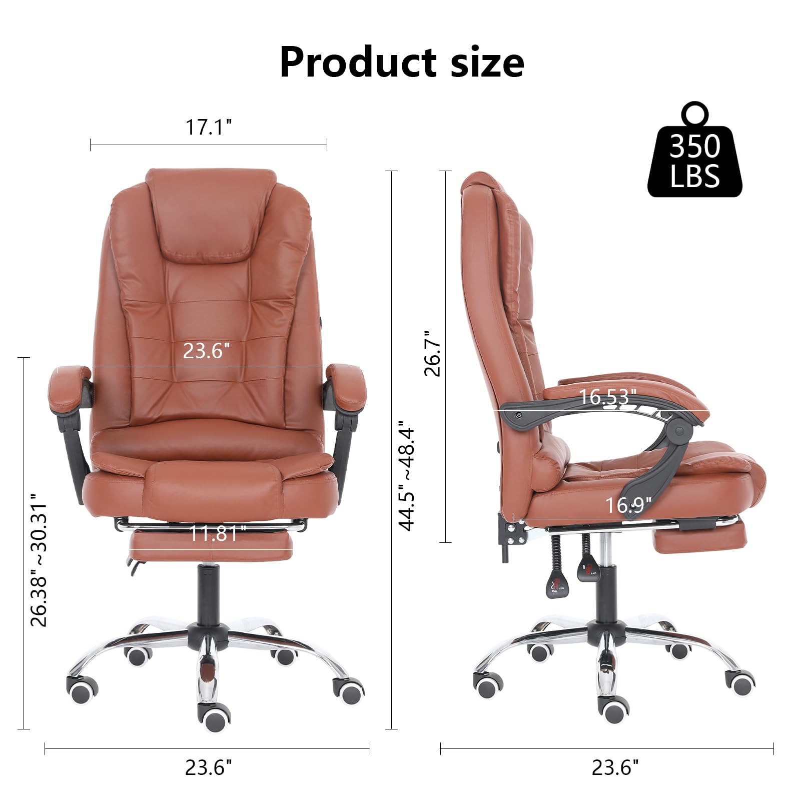 Bioopts Massage Office Chair Executive High Back Chair Lumbar Support Computer Desk Chair Ergonomic PU Leather-Padded Swivel Chair Reclining Task Chair with Footrest for Home Office Work(Light Brown)