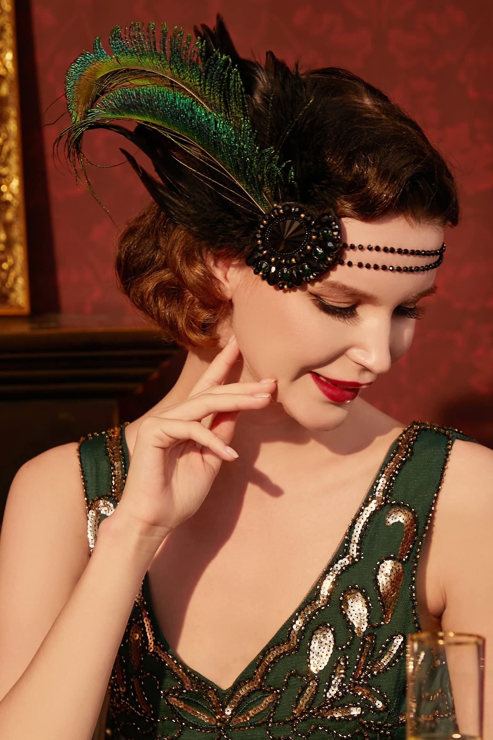 BABEYOND Vintage 1920s Flapper Headband Roaring 20s Great Gatsby Headpiece (Green)