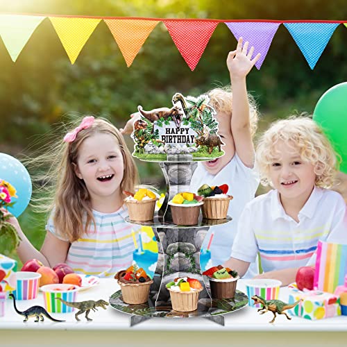 Dinosaur Cupcake Stand Dinosaur Cardboard Cupcake Holder Dinosaur Cupcake Stand Set Dinosaur Dessert Tower Holder 3 Tier Dino Mini Cake Stand for Kids Birthday Dinosaur Theme Party Decorations
