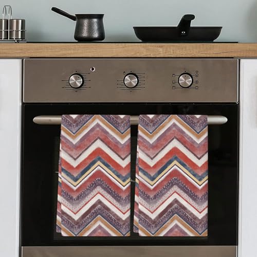 Beisseid Kitchen Dish Towels Red Grey Chevron Dish Cloth Fingertip Hand Towels Geometric Design Stripe Super Absorbent Soft Cotton Tea Towel 4 PCS