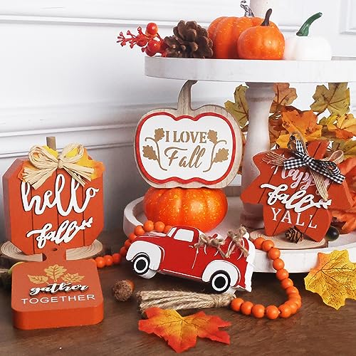 Fall Decorations for Home, DECSPAS 6 PCS Wood Block Set Fall Decor, Pumpkin Truck Maple Leaf Cutting Board Ornaments with An Orange Wooden Beads Garland Thanksgiving Decorations Tiered Tray Decor