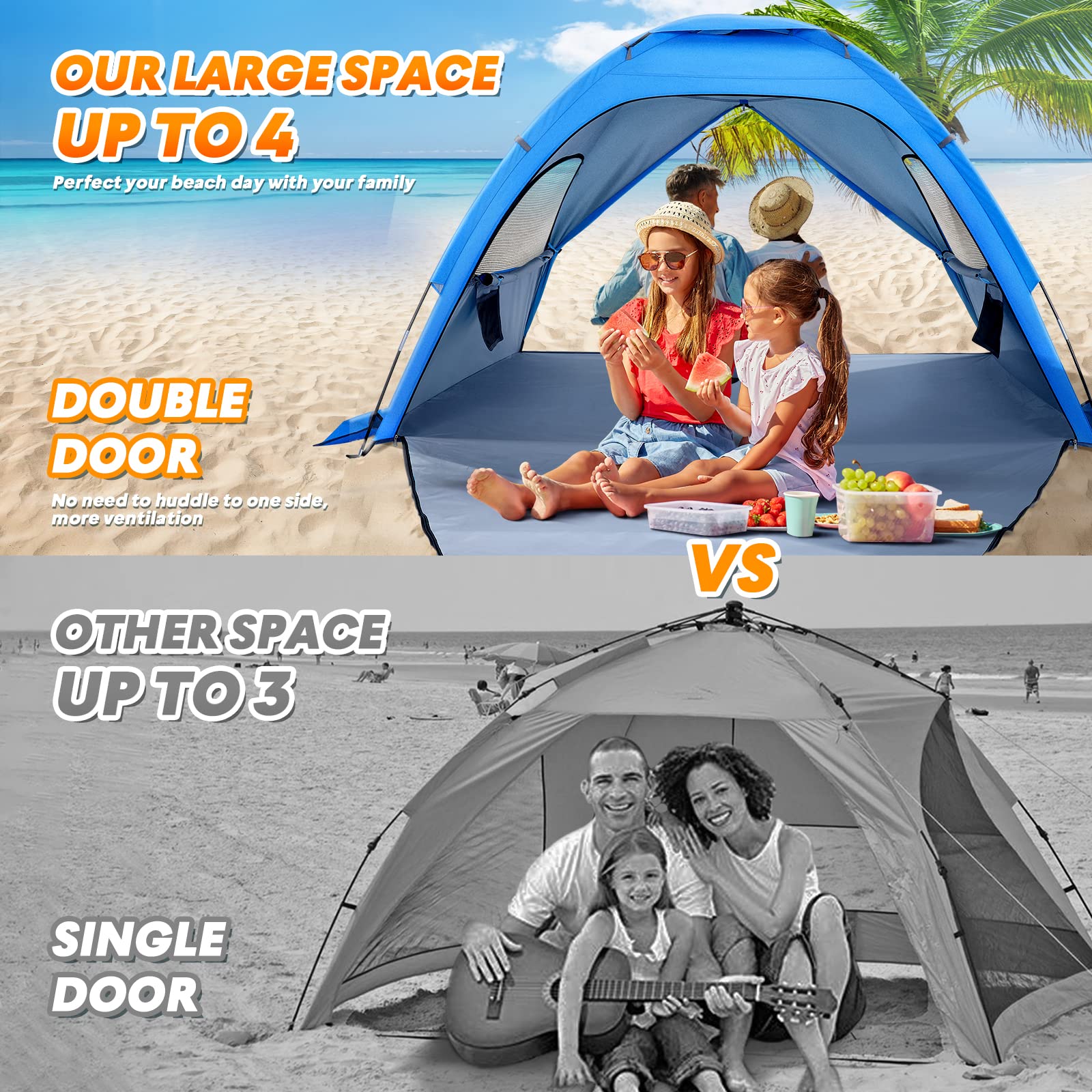 Beach Tent Sun Shade Shelter: 3-4 Person Large Anti-UV Windproof Portable Lightweight Tent Canopy Cabana with Extendable Floor Outdoor