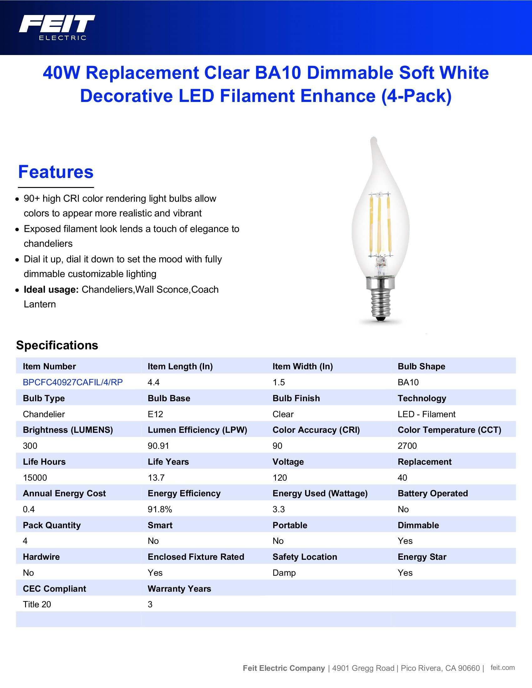 Feit Electric Candelabra LED Light Bulbs, Dimmable, 40W Equivalent, E12 Base, 2700K Soft White, Vintage B10 Filament Candle Light Bulb for Chandelier, BPCFC40927CAFIL/4/RP, 4 Pack