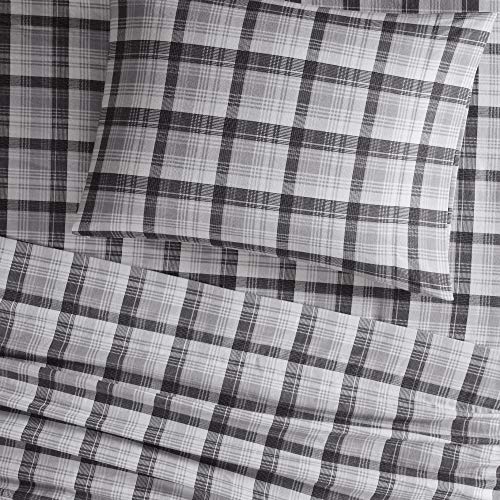 Woolrich Flannel 100% Cotton Sheet Set Warm Soft Bed Sheets with 14" Elastic Pocket, Cabin Lifestyle, Cold Season Cozy Bedding Set, Matching Pillow Case, Queen, Grey Plaid, 4 Piece