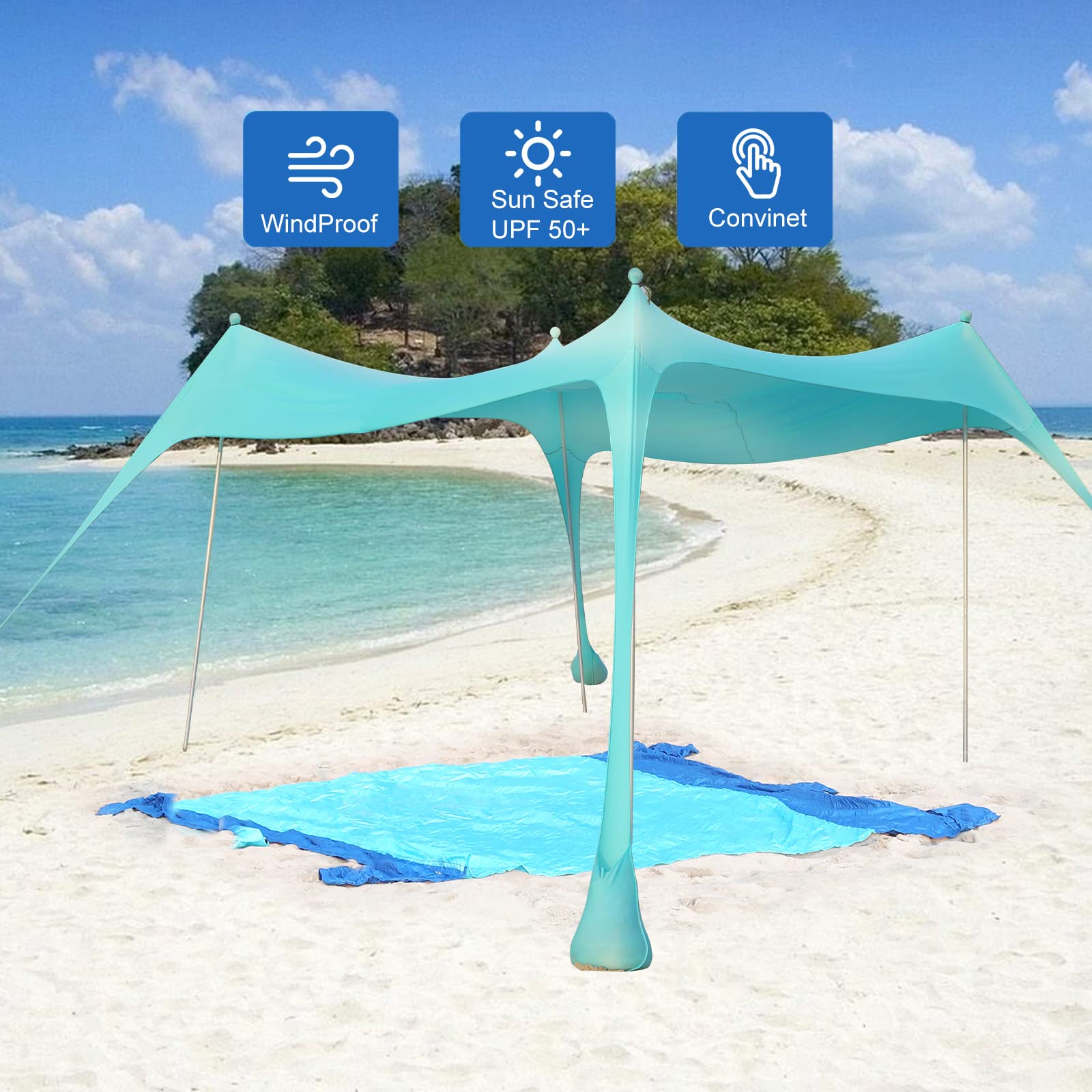 Beach Tent Sun Shelter,Beach Canopy Outdoor Beach Shade with Beach Blanket,UPF 50+ Sun Protection,for Beach,Camping,Picnic,Outdoor…