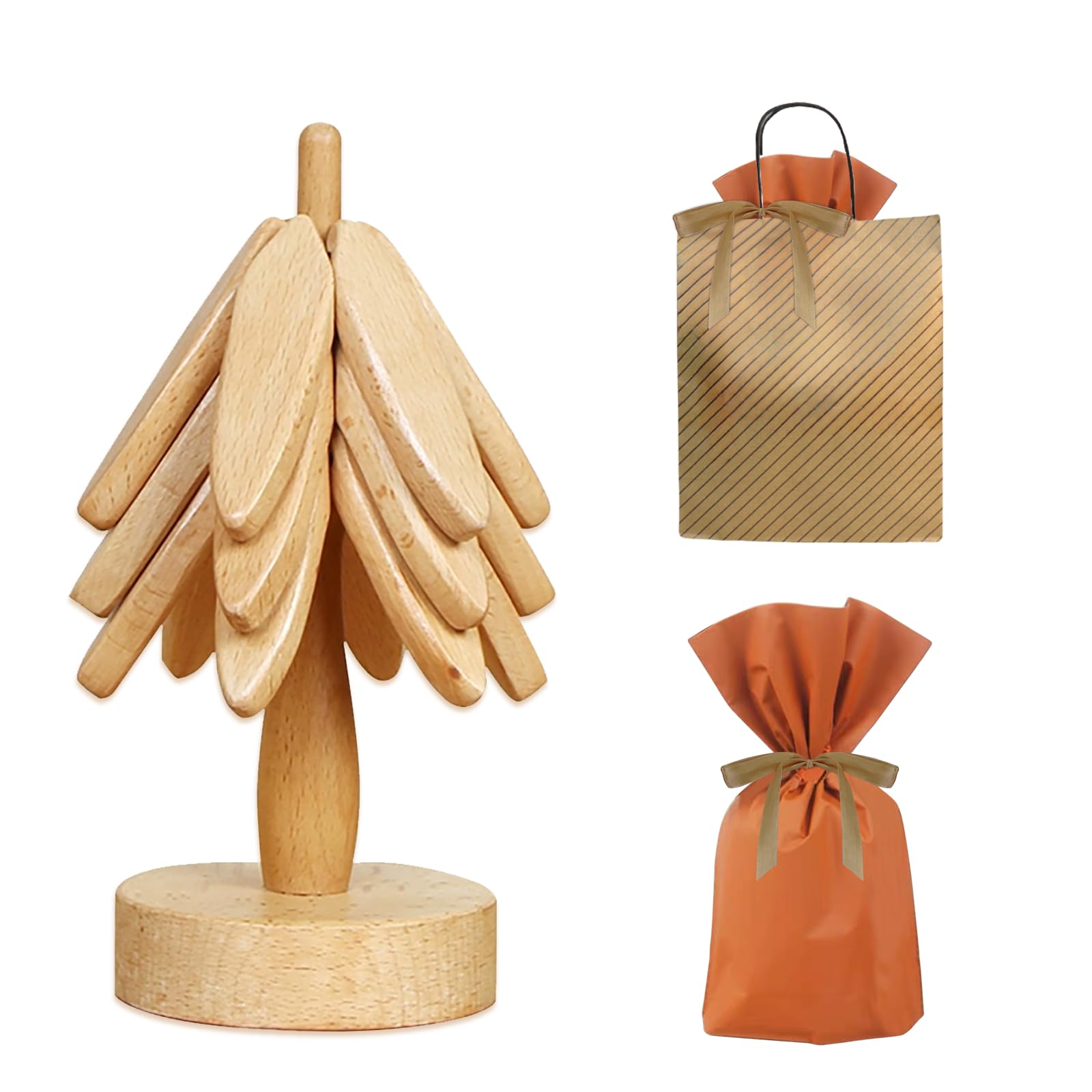 Mamakura Wooden Tree Trivet Set, Christmas Trivet,Tree Shape trivets for hot pots and Pans 7.7inch(3 Layers+1 Stand(Wood Color)