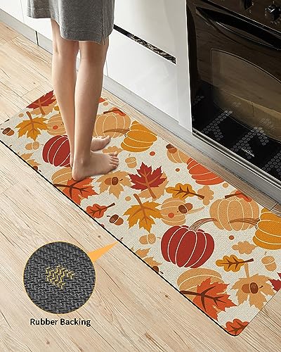 Farm Rustic Pumpkins Bath Mat for Tub,Non Slip Bathroom Floor Runner Rug Quick Dry & Absorbent Diatomaceous Earth Shower Sink Bedroom Kitchen Washable Doormat,Thanksgiving Autumn Maple Leaves 16"x47"