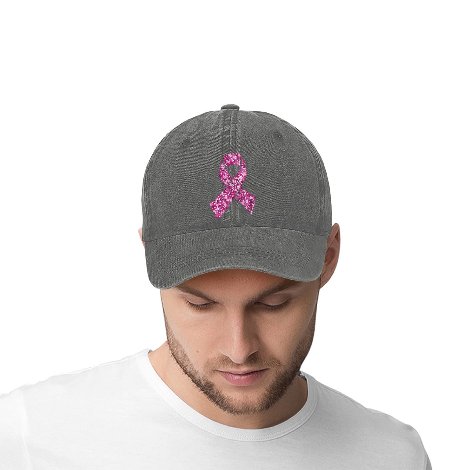Breast Cancer Awareness Pink Ribbon Baseball Cap Hat Mens Women's Washed Cool Cap Adjustable Snapback Travel Hat Gray
