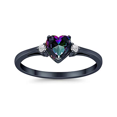 Blue Apple Co. Rainbow CZ Black Tone Size-6 Minimalist 7mm Promise Ring Trellis Three Stone Heart Shaped CZ Wedding Engagement Rings For Women 925 Sterling Silver Gifts For Her
