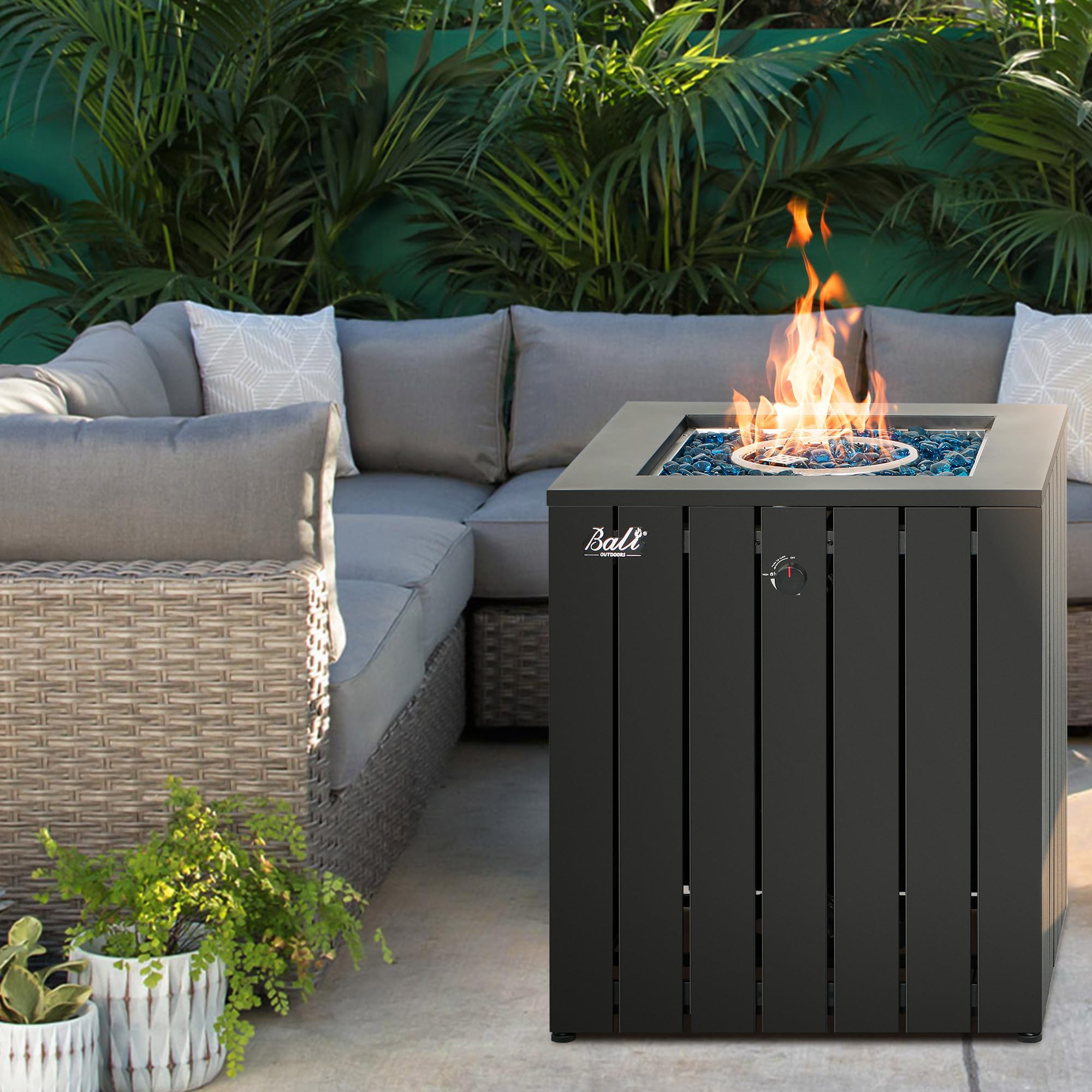 BALI OUTDOORS 23.6 Inch Square Gas Fire Pit Table with Blue Fire Glass, 41,000 BTU Propane Firepit Table for Outdoor Garden and Patio