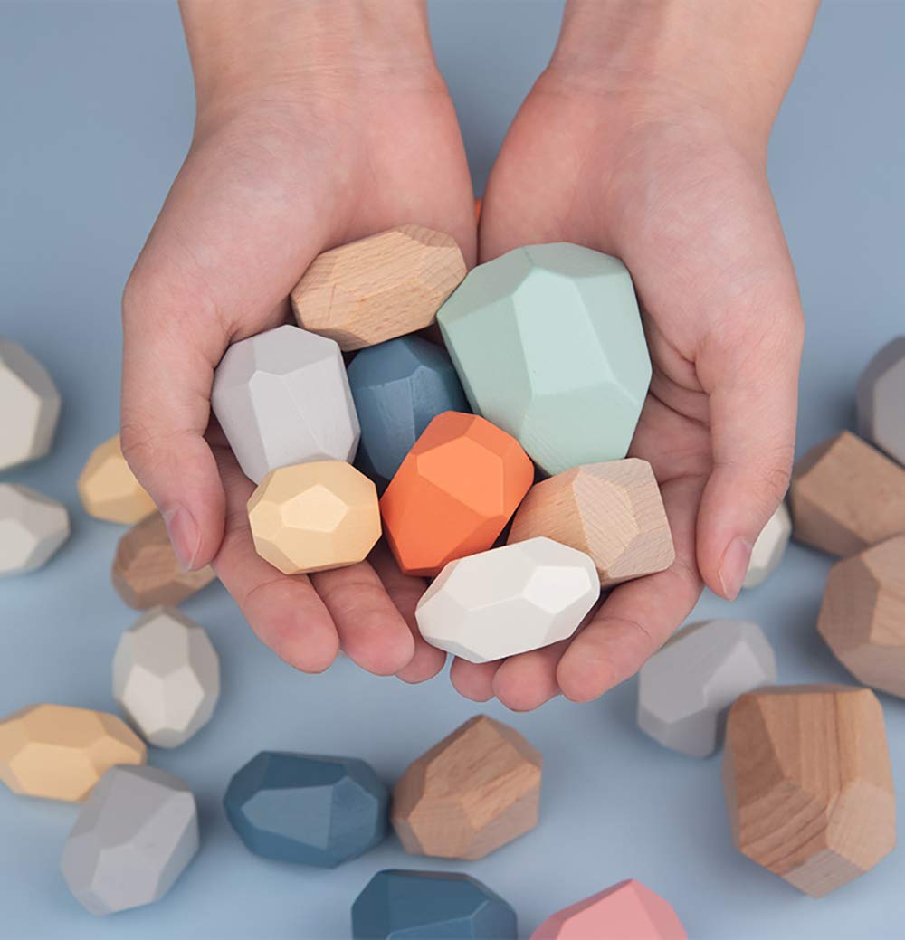LSJDEER 40 PCS Wooden Rocks Balance Stones Building Blocks Set, Colored Wood Balancing Stone Stacking Game, Lightweight Natural Educational Preschool Learning Large Small Puzzle Toy for Kids