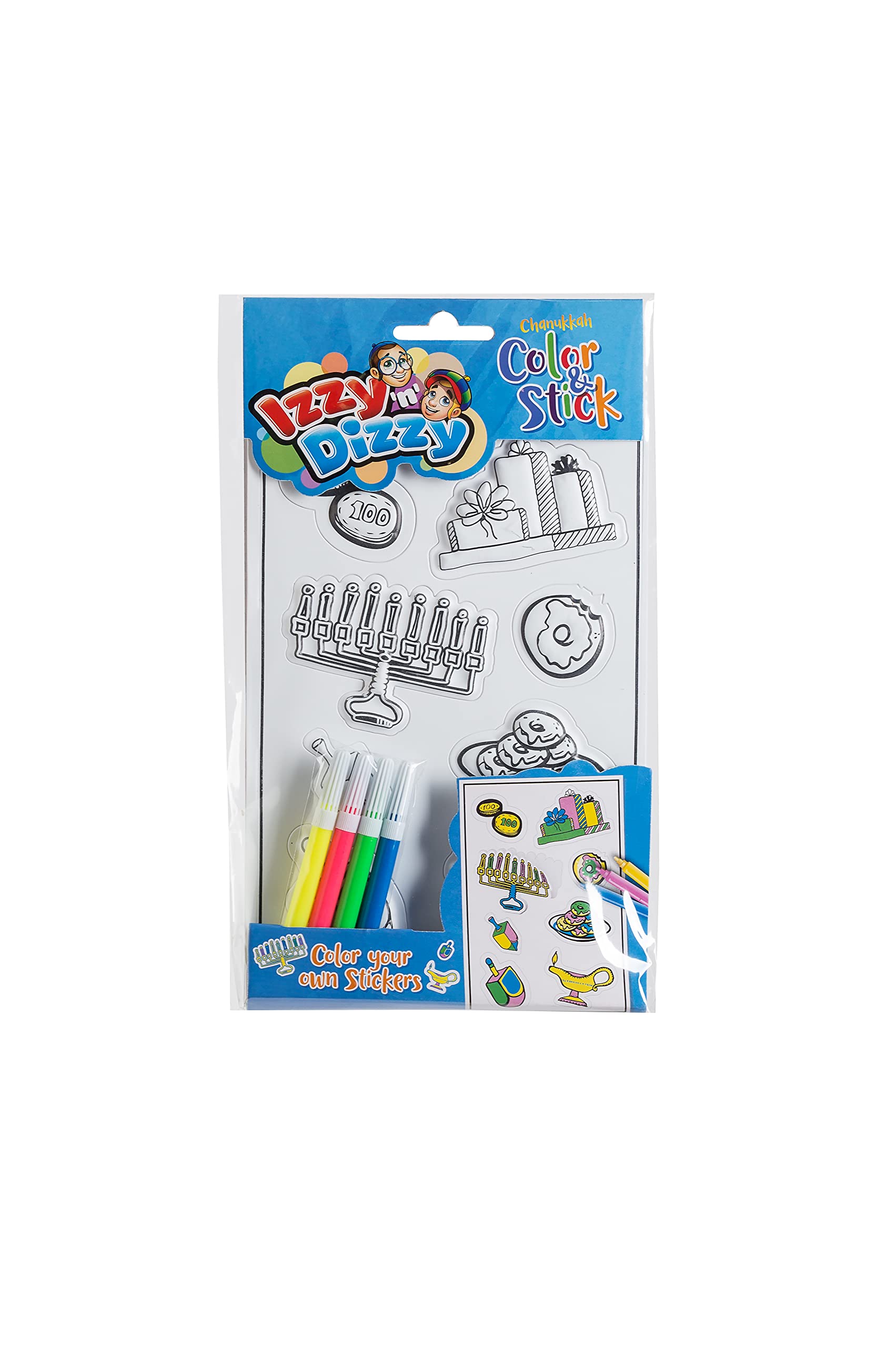 Hanukkah Color and Stick - Color Your Own Stickers - Includes 4 Markers - Hanukah Arts and Crafts - Gifts and Games - Izzy 'n' Dizzy