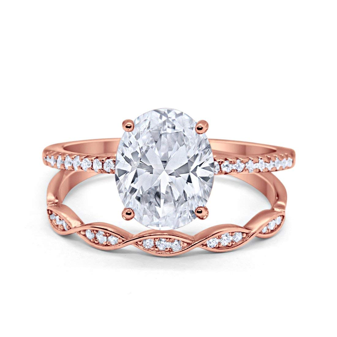 Blue Apple Co. Rose Tone Round CZ 925 Sterling Silver Size-4 Two Piece Art Deco Bridal Set Wedding Engagement Ring Band Oval Round Simulated Cubic Zirconia