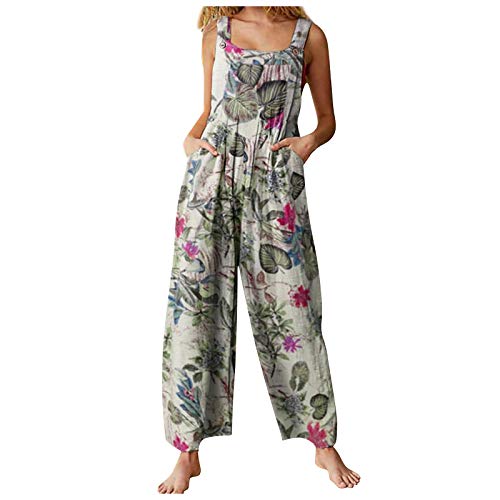 Bravetoshop Women's Sleeveless Suspender Jumpsuit Summer Boho Wide Leg Overalls Hippies Baggy Romper with Pockets (C-White,XL)