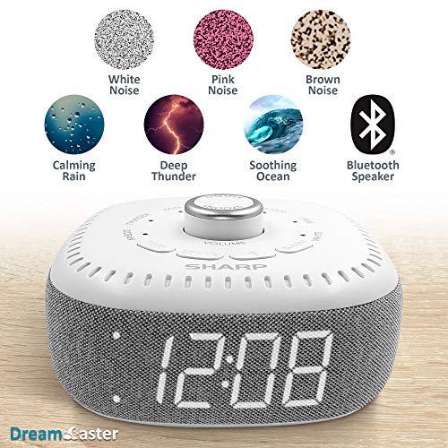 SHARP Sound Machine Alarm Clock with Bluetooth Speaker, 6 High Fidelity Sleep Soundtracks β White Noise Machine for Baby, Adults, Home and Office β White LED