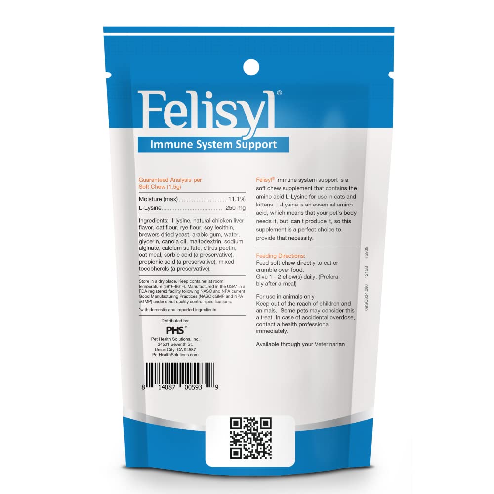 Felisyl Immune System Support for Cats - Amino Acid L-Lysine - Produce Antibodies - Healthy Tissue, Respiratory Health, Vision - 60 Soft Chews