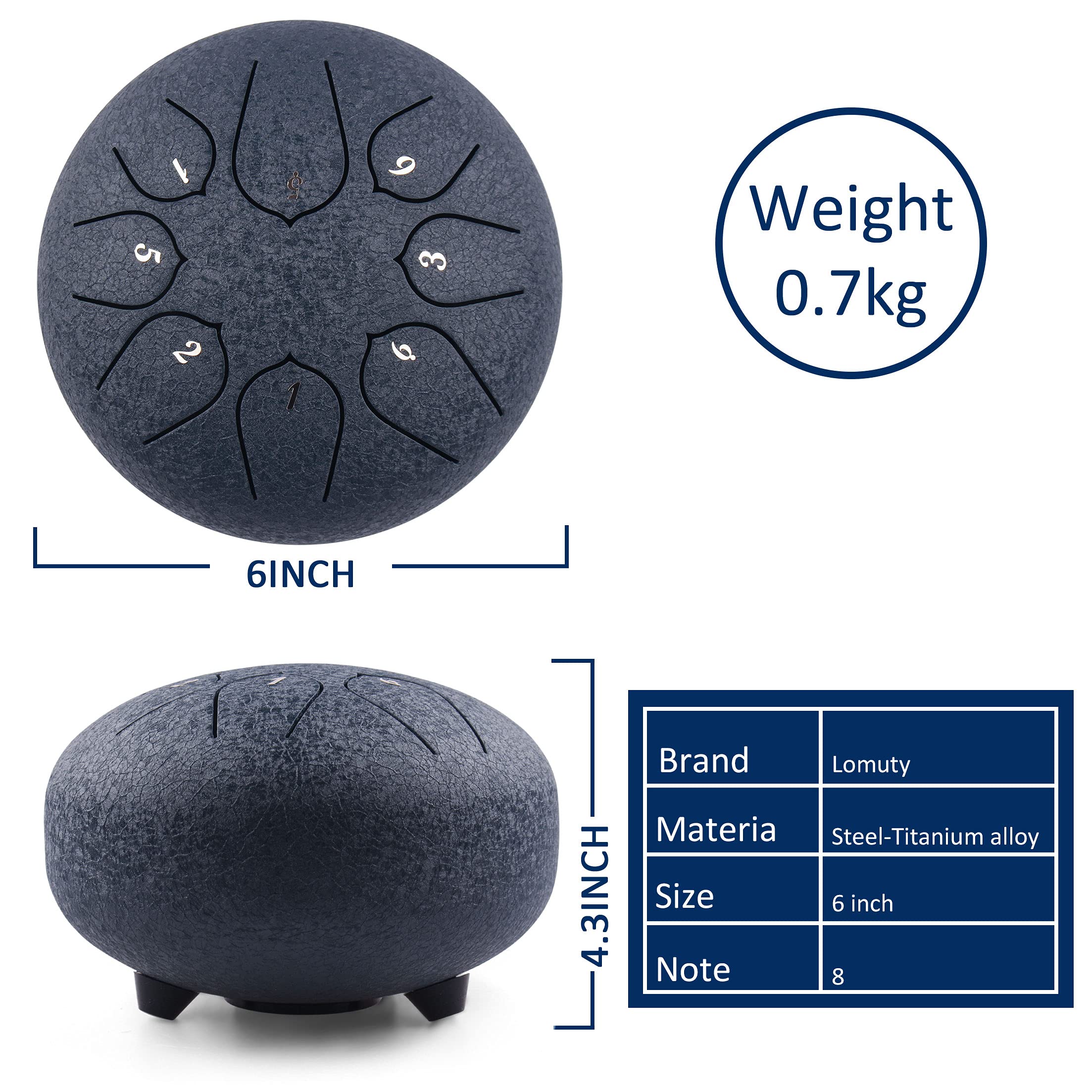 LOMUTY Steel Tongue Drum Rain Chime, 8 Notes 6 inch Rain Drum for Outside When It Rains, Chakra Drum with Bag, Mallets, Finger Picks, Percussion Instrument for Meditation Yoga Education (Navy)