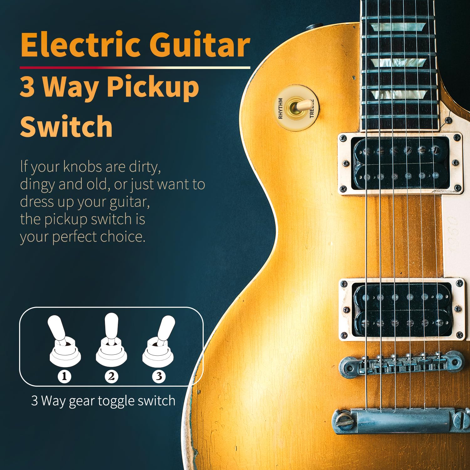 SAPHUE Guitar 3 Way Toggle Switch Position Short Straight Gold Top Gold Knobs for Gibon Epiphone Les Paul Electric Guitar Parts Pickup Selector kit with Plate Rhythm Treble Washer Ring Gold/Black