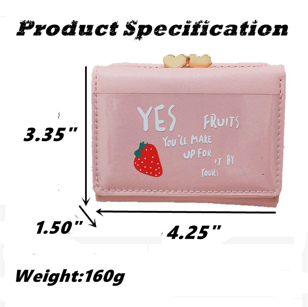 Loxepur Women Cute Fruit Print Wallet Tri-Fold Multi-card Coin Purse (Pink)