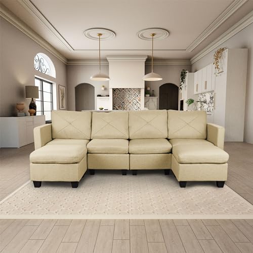 Casa Andrea Milano Modular Sectional Sofa, Linen Fabric Convertible U Shaped Couch with Storage, 6 Seat Modular Sectionals Sofa Couch with Chaise for Living Room