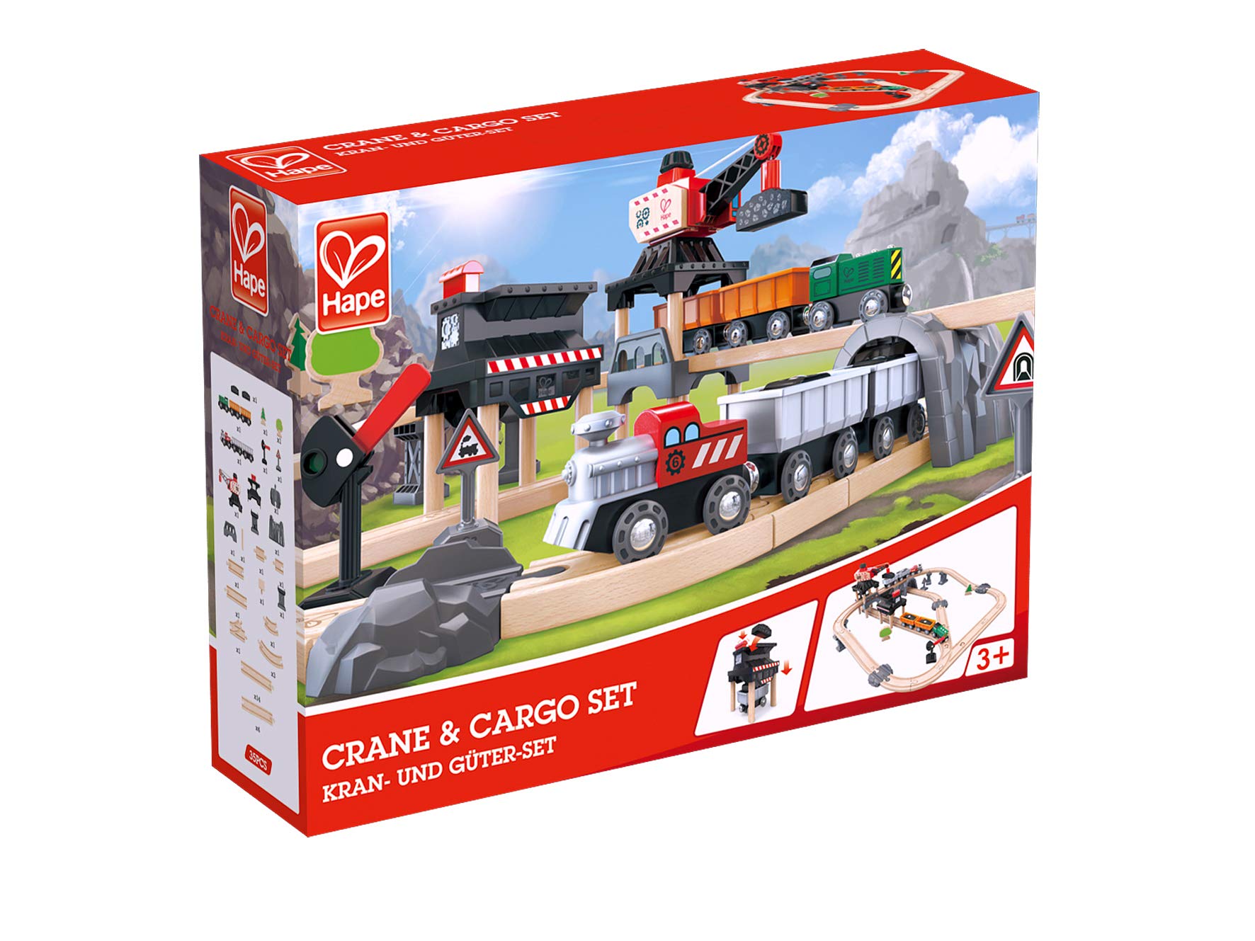 Hape Crane and Cargo Train Set | Wooden Railway Toy Set with Magnetic Crane, Button Operated Loader and Adjustable Rail Signal