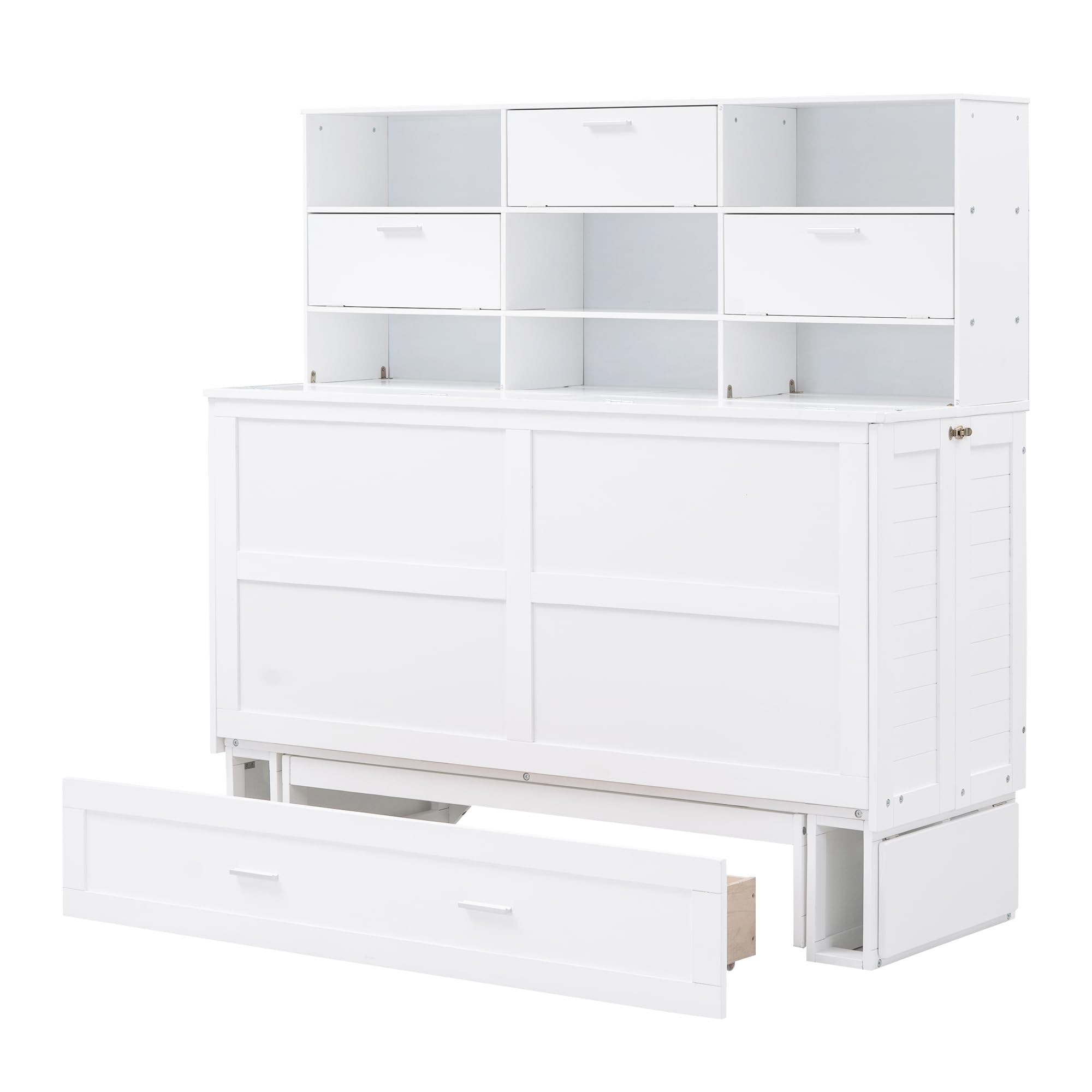BIADNBZ Queen Size Murphy Bed, Space-Saving Wall Cabinet Beds with Bookcase Storage, Bedside Shelves and a Big Drawer for Guest Room Home, White