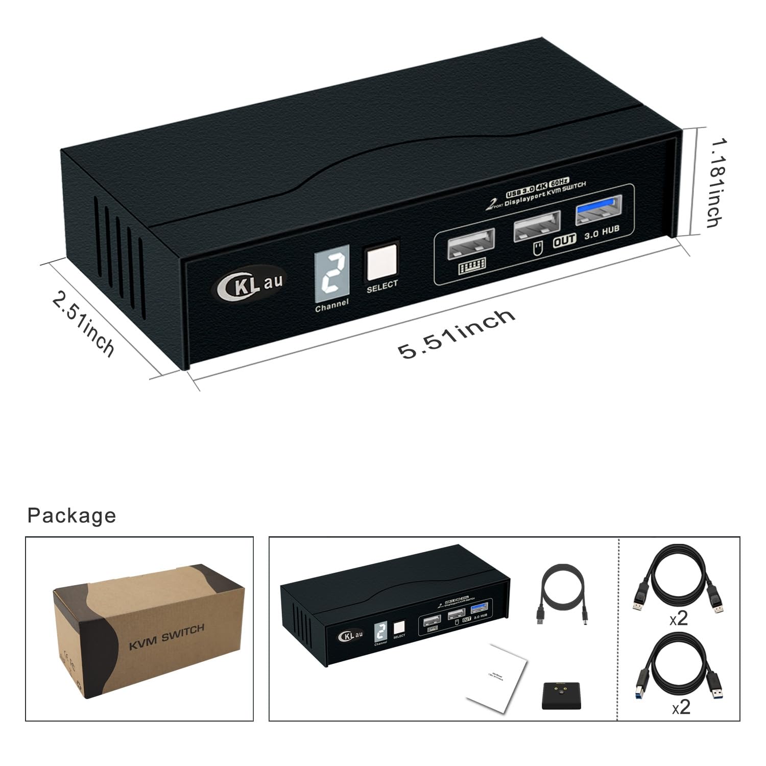 CKLau 2 Port USB 3.0 Dual Monitor KVM Switch Displayport 1.4 8K@30Hz 4K@144Hz with Audio and Cables for 2 Computers Support Hotkey Switching