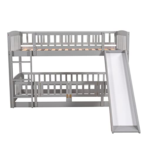 BIADNBZ Twin Over Twin Bunk Bed with Slide, Fence and Ladder, Solid Wood Low Bunkbed Bedframe for Kids Boys Girls Bedroom, Gray