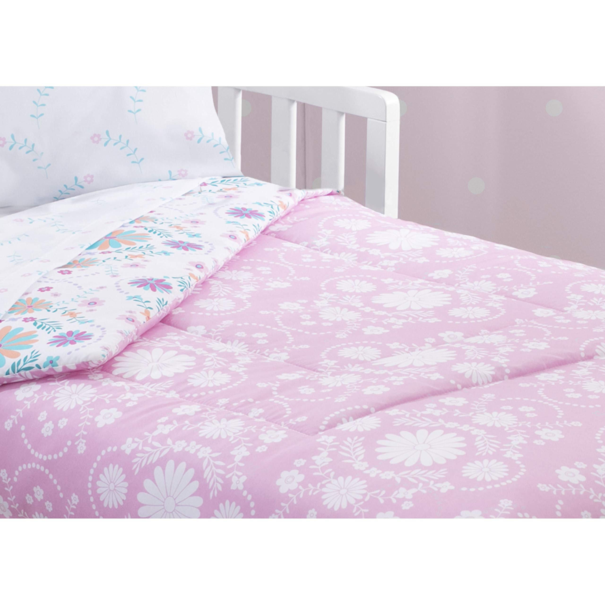 Delta Children 4 Piece Toddler Bedding Set for Girls - Reversible 2-in-1 Comforter - Includes Fitted Comforter to Keep Little Ones Snug, Bottom Sheet, Top Sheet, Pillow Case - Pink Bohemian