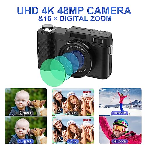 Kmnuiey Camera, 4K Digital Camera for Photography with 3'' 180°Flip Screen, Autofocus 48MP Video Cameras for YouTube with 16X Digital Zoom, 2 Batteries and Charging Cable for Travel