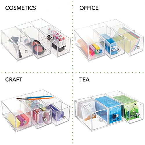 mDesign Plastic Kitchen Pantry Stackable Storage Organizer Container Station with 3 Drawers for Cabinet, Countertop, Holds Coffee, Tea, Sugar Packets, Creamers - Lumiere Collection - Clear