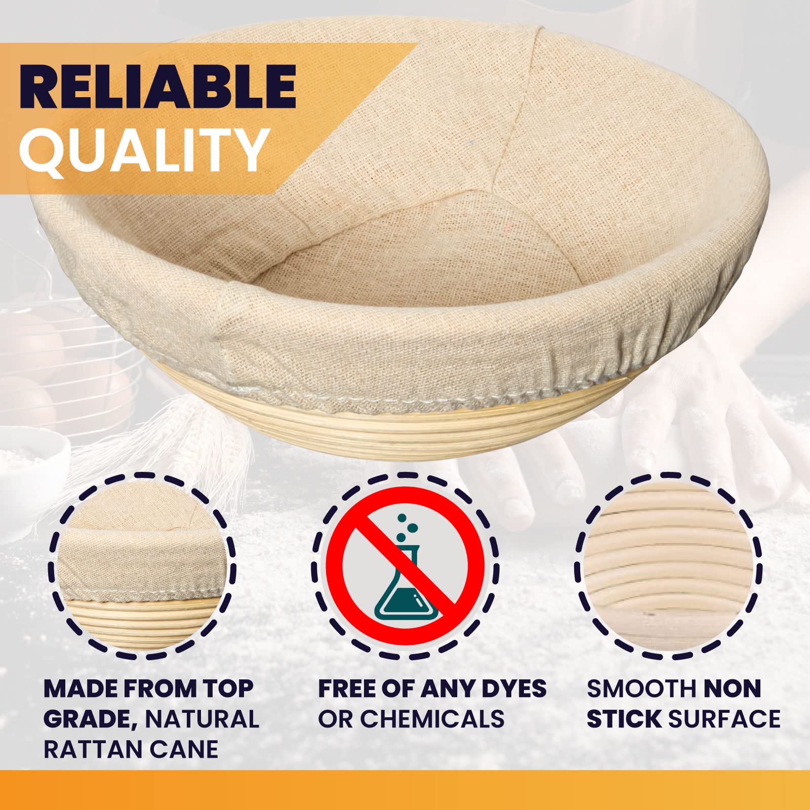 Bread Banneton Proofing Basket Set | 9β & 10β Round Baking Bowl Kit for Sourdough | Includes Dough Scraper, Bread Lame, Brotform Cloth Liner, Basting Brush (Blue)